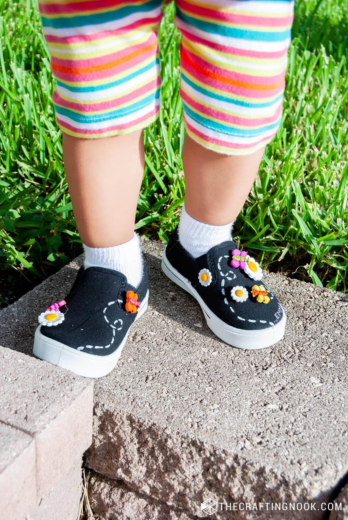 DIY Embellished Shoes with Daisy and Butterfly Buttons - The Crafting Nook