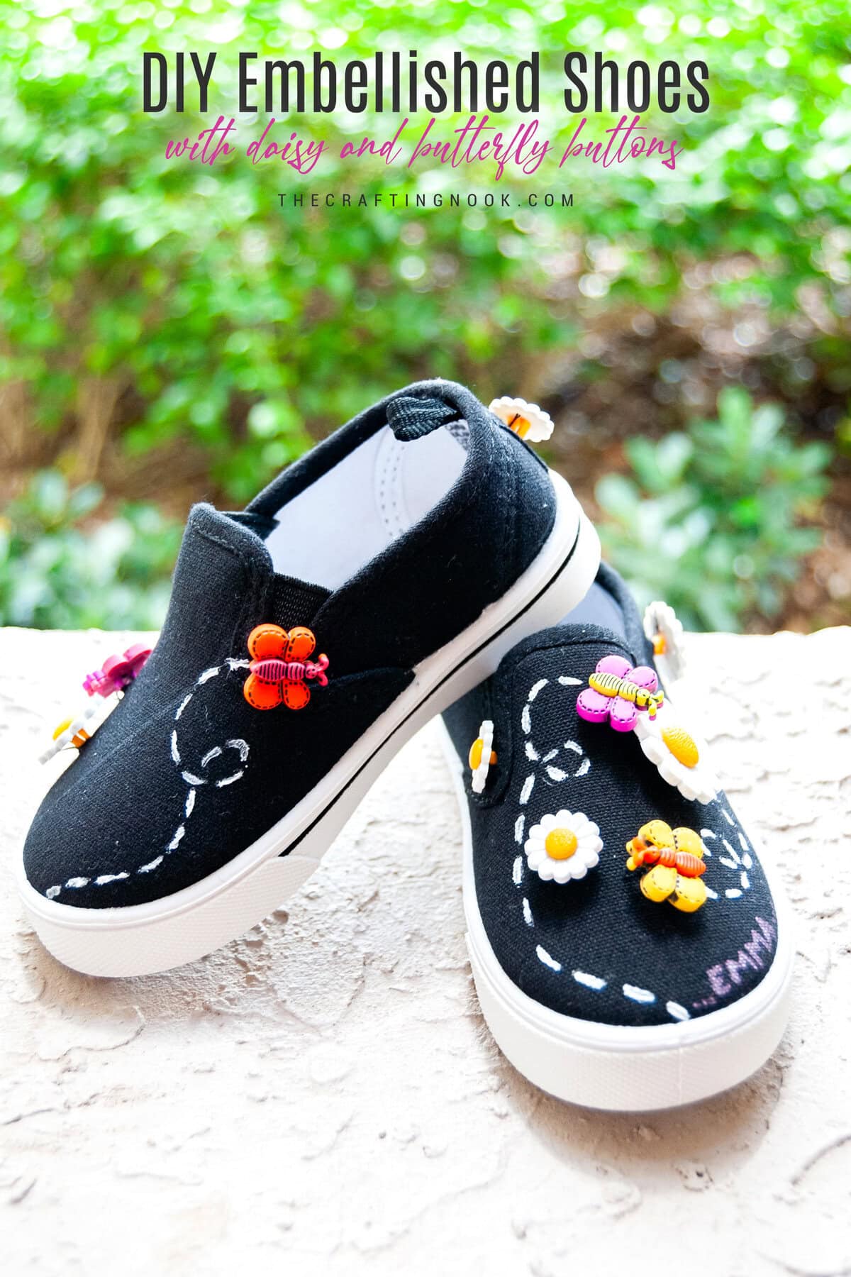 DIY Embellished Shoes with Daisy and Butterfly Buttons - The Crafting Nook