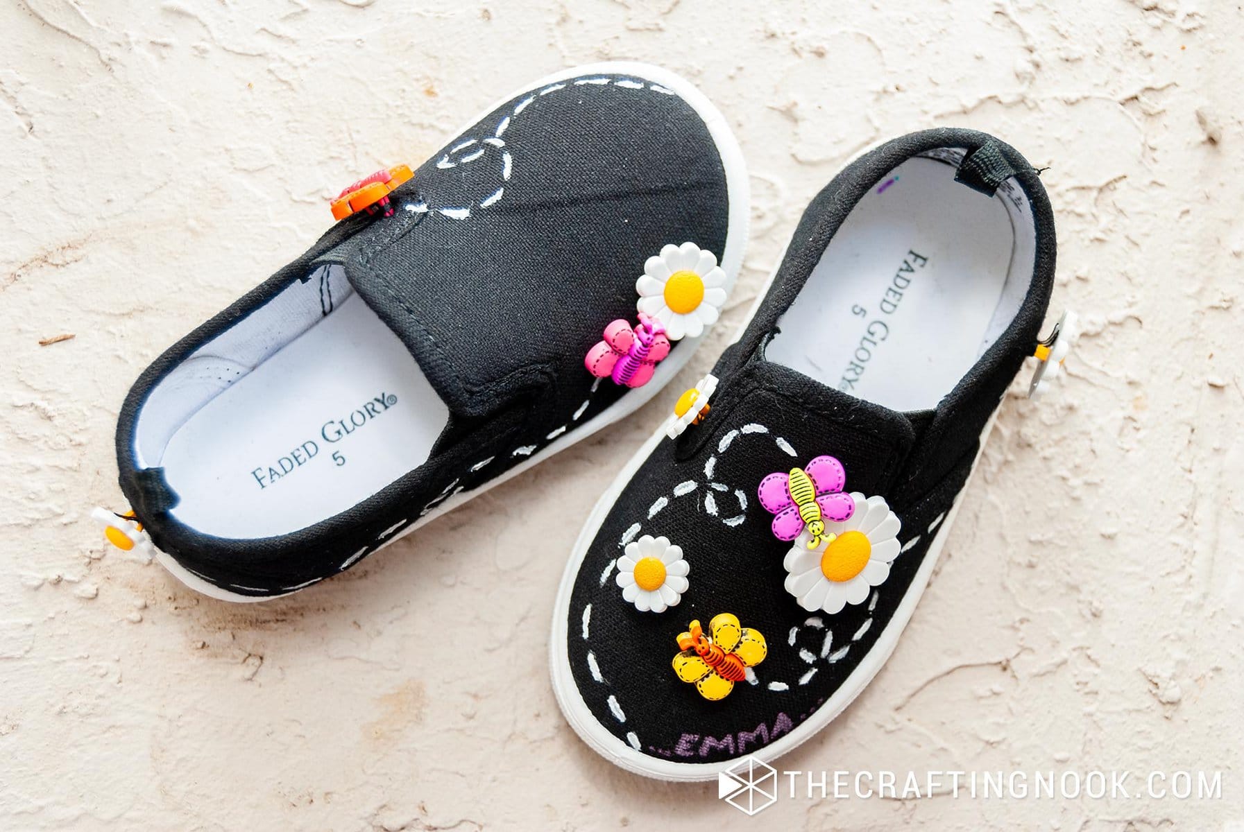 DIY Embellished Shoes with Daisy and Butterfly Buttons - The Crafting Nook