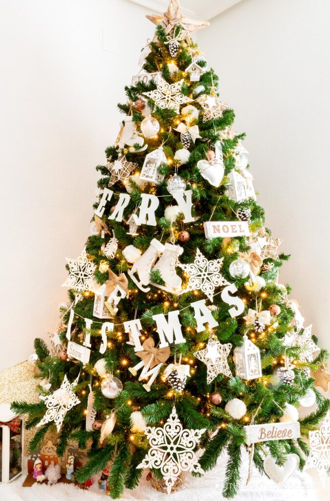 White Modern Farmhouse Christmas Tree Decor - The Crafting Nook